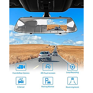 1080P Mirror Dash Cam 4.3in Touch Screen, Front and Dash Waterproof Backup Camera Rear View Camera, Parking Assistance, Loop Recording, G-Sensor, Monitor, Free 64GB Memory Card