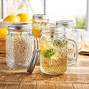Glaver's Mason Jar Cups 16Oz – Set of 4 Mason Jars with Lids and Handles – Hammered Style Large Mason Cups for Parties, Dinner, Home, Lemonade, Smoothies, Cocktails, Drinks - Dishwasher Safe.