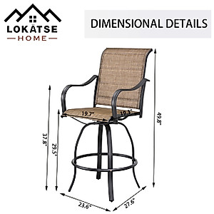 LOKATSE HOME 2 Piece Bar Height Patio Chairs Outdoor Swivel Stools Set Furniture Metal Frame, Khaki Tesling Fabric