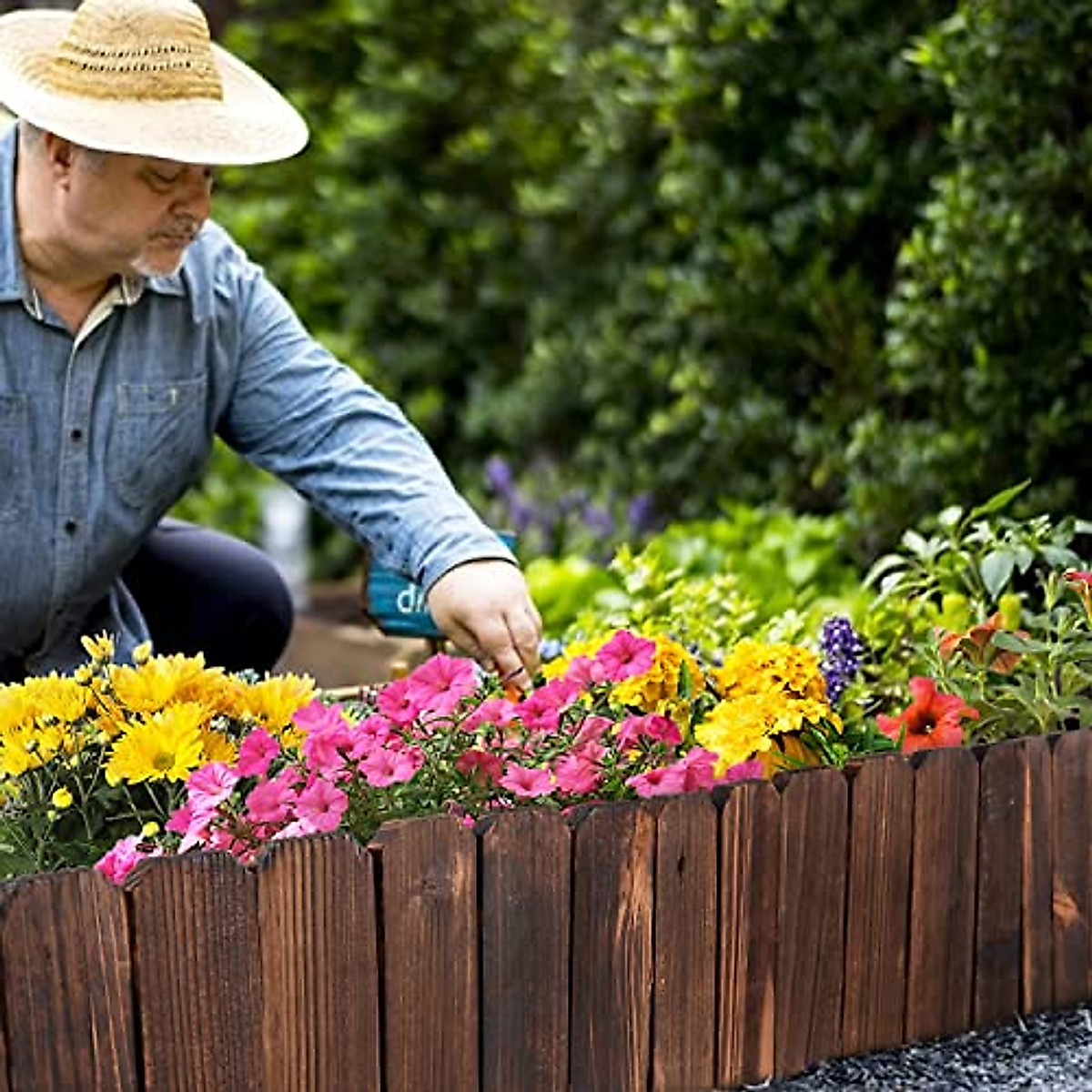 11.8in x 6.6ft Garden Fence, Wood Garden Border Edging, Anti-Corrosive Landscape Border, Wood Yard Fence, No Dig Planter Fencing for Flower Bed Lawns