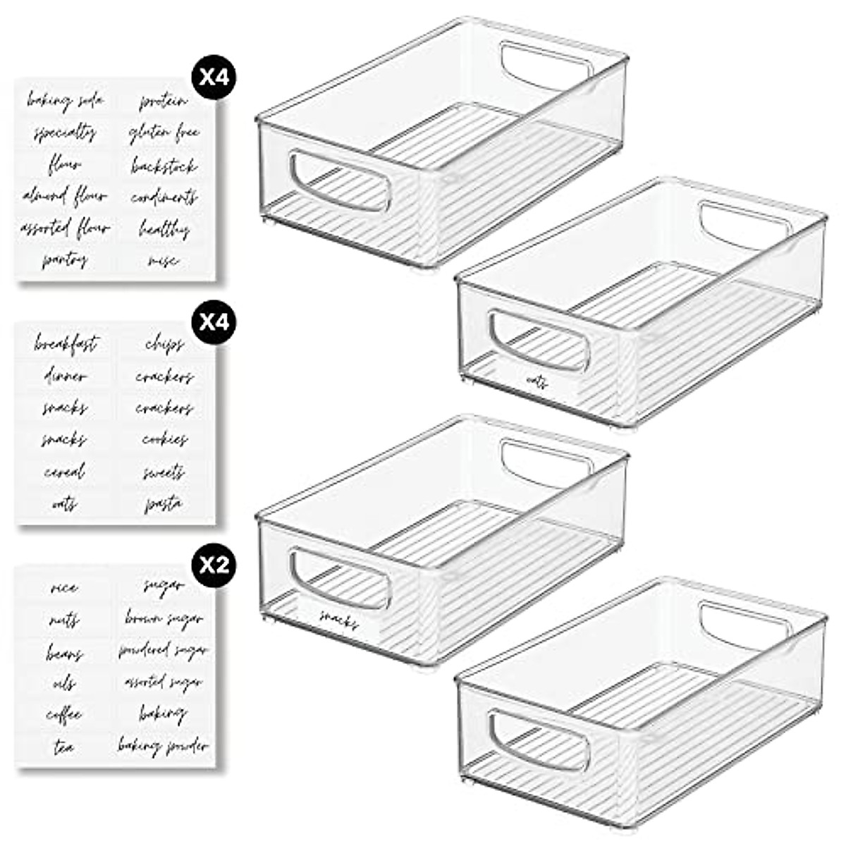 mDesign Plastic Kitchen Bins with Handles and Preprinted Cursive Food Labels Combo Set for Organizing Pantry, Kitchen, Shelves, or Counter, Includes 4 Clear Bins and 120 White Labels with Black Text