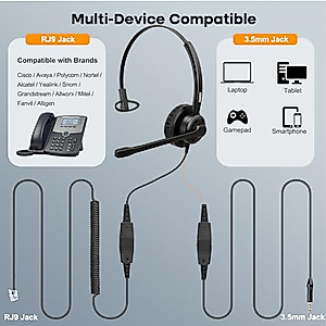 MAIRDI Phone Headset with Noise Canceling Microphone, Call Center Office Headset with RJ9 Jack & 3.5mm Connector for Landline Deskphone Cell Phone PC Laptop, Telephone Headset Work for Polycom