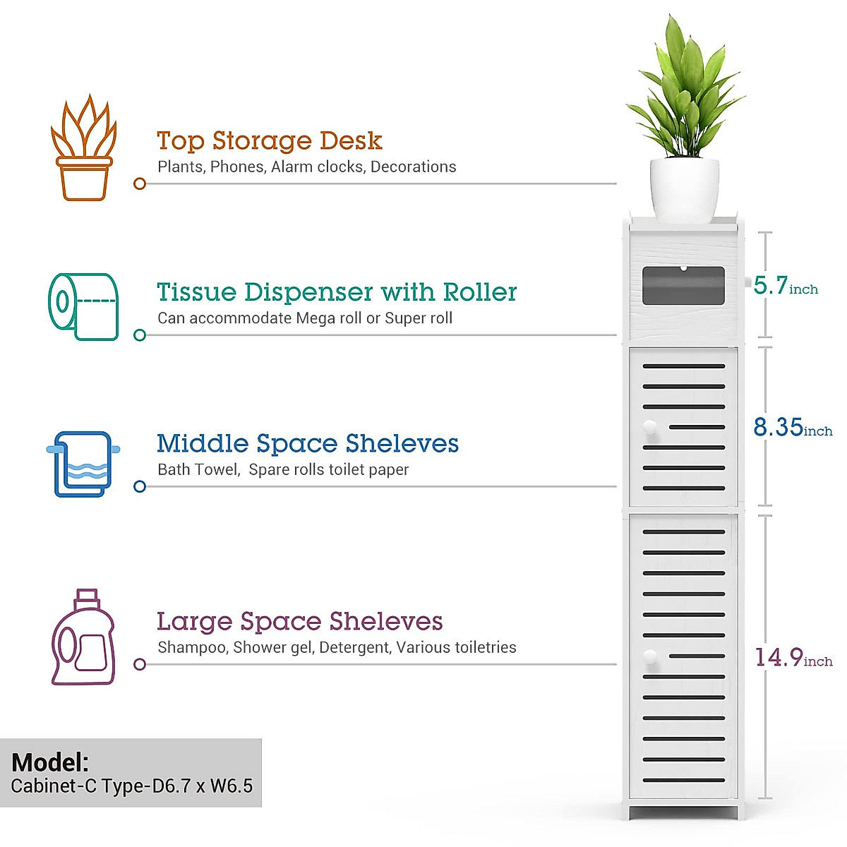 Bathroom Storage Cabinet for Small Space with Doors and Shelves, 4-Tiers Narrow Bathroom Cabinet,Waterproof Toilet Paper Storage Organizer with Toilet Paper Roller,Accommodate Mega Rolls(White 2Pack)