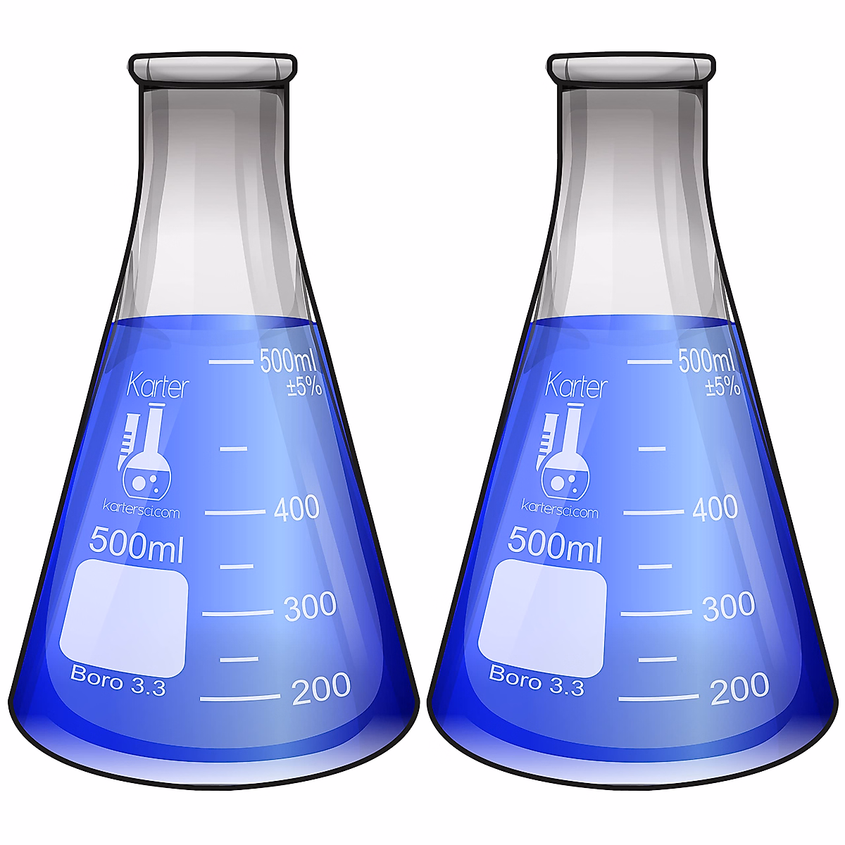 500ml Narrow Mouth Erlenmeyer Flask, 3.3 Borosilicate Glass, Karter Scientific 223M1 (Pack of 2)