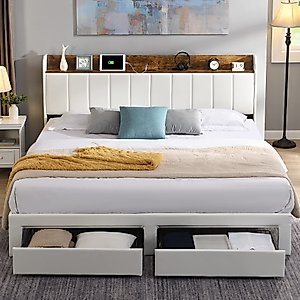 XKLOGER Upholstered Bed Frame Queen Size with Headboard, Platform Queen Bed Frame with Storage Drawers & Charging Station, No Box Spring Needed/Noise Free/Heavy Duty/White