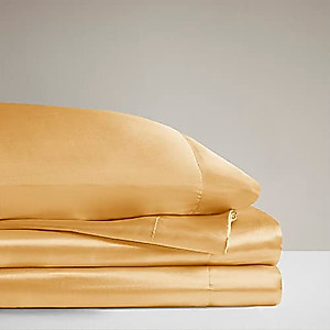 Madison Park Essentials Satin Sheets Queen Size, Luxurious Silky Satin Bed Sheets, Elastic 14" Pocket fits up to 16" Mattress, Wrinkle-Free, Soft Satin Bed Sheet Set, Gold 6 Piece