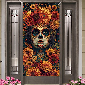 Dia De Los Muertos Door Cover Day of The Dead Porch Sign Banner Gothic Halloween Sugar Skull Marigold Flowers Decorations and Supplies for Home