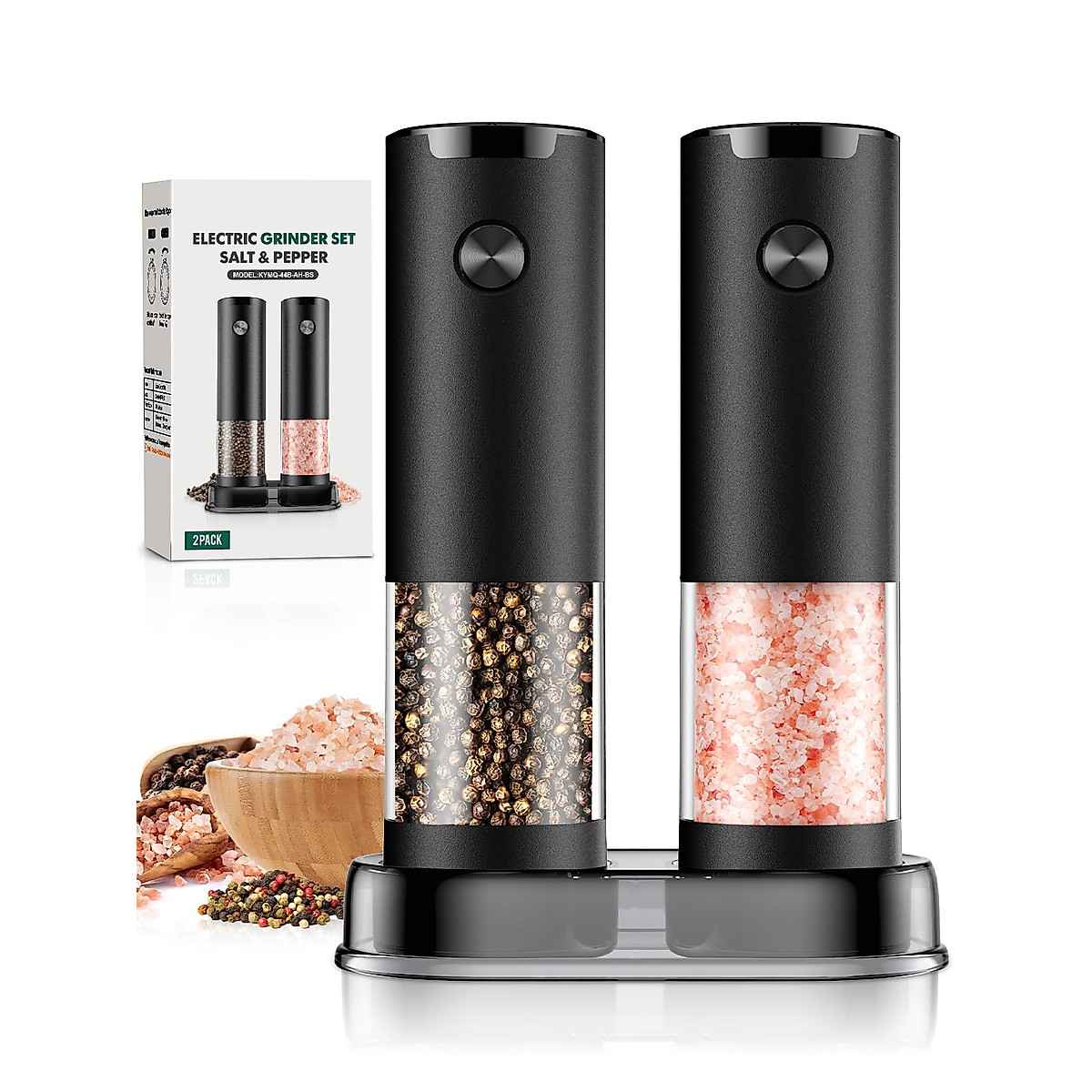 Electric Salt and Pepper Grinder Set Automatic Battery Pepper Mill Shakers Adjustable Coarseness Easy Filling Upgraded Larger Capacity with Led (2 Pack Black/Black）