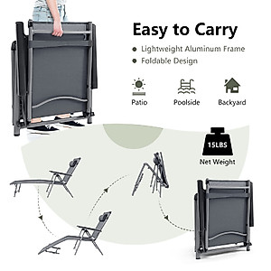 Tangkula Outdoor Aluminum Chaise Lounge Chair, Patio Folding Chaise with 8 Back and 2 Leg Adjustable Positions, Lounge Recliner with Quick-Drying Fabric for Poolside, Backyard, Beach