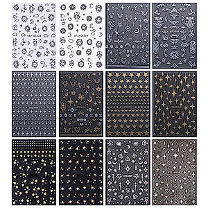 JMEOWIO 12 Sheets Moon Star Sun Nail Art Stickers Decals Self-Adhesive Pegatinas Uñas Black Nail Supplies Nail Art Design Decoration Accessories