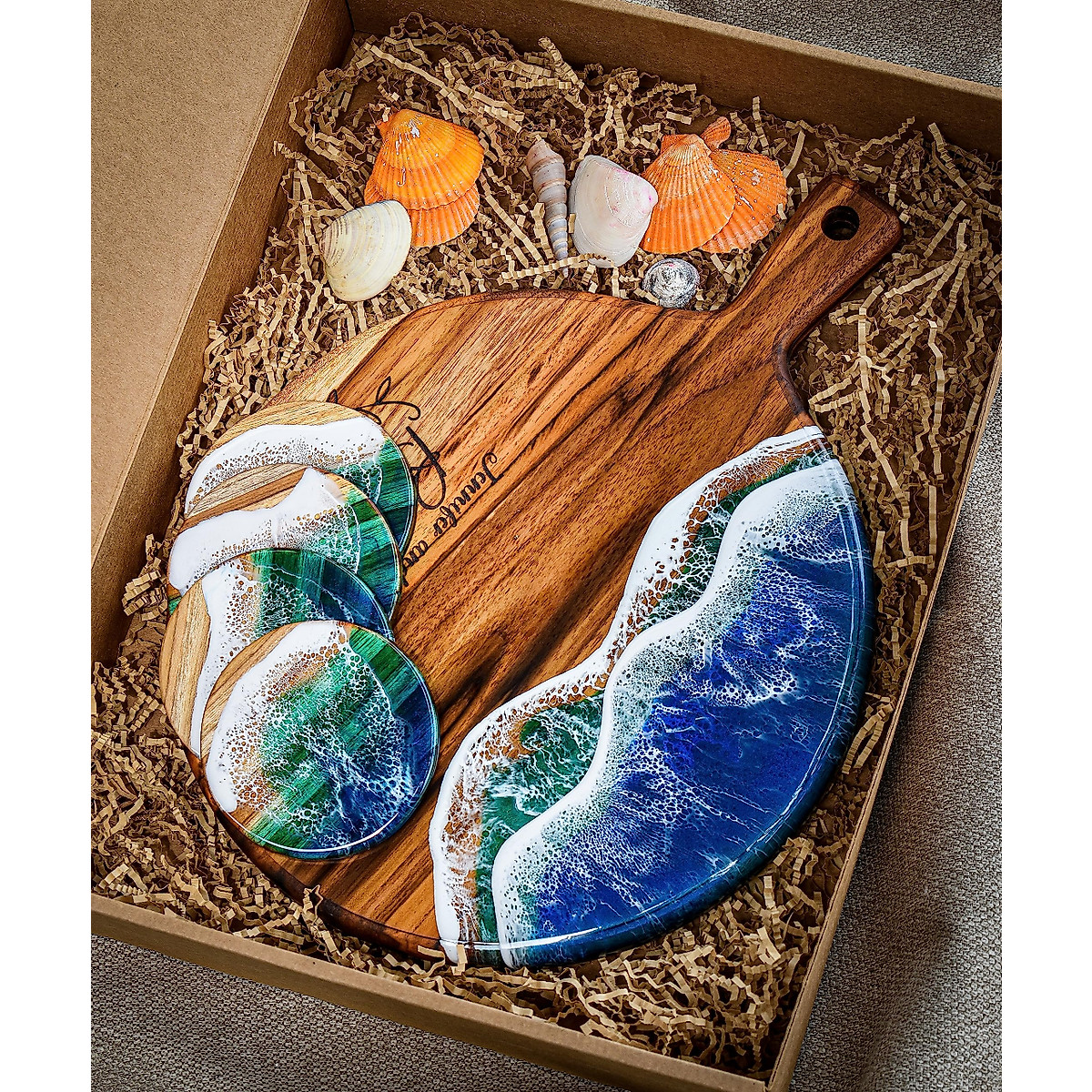 CUTTING BOARD AND CUP HOLDER SET, CHOPPING BOARD AND CUP HOLDER SET, RESIN CUTTING BOARD, CHOPPING BOARD, CUTTING BOARD, OCEAN THEME CUTTING BOARD, CUSTOMIZED CUTTING BOARD, PERSONALIZED CUTTING BOARD