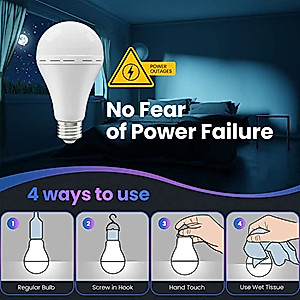 Emergency Rechargeable Led Light Bulb with Hook,Stay Lights Up When Power Failure, 1500mAh 12W 60W Equivalent LED Light Bulbs for Home, Camping, Hiking, 4 Pack