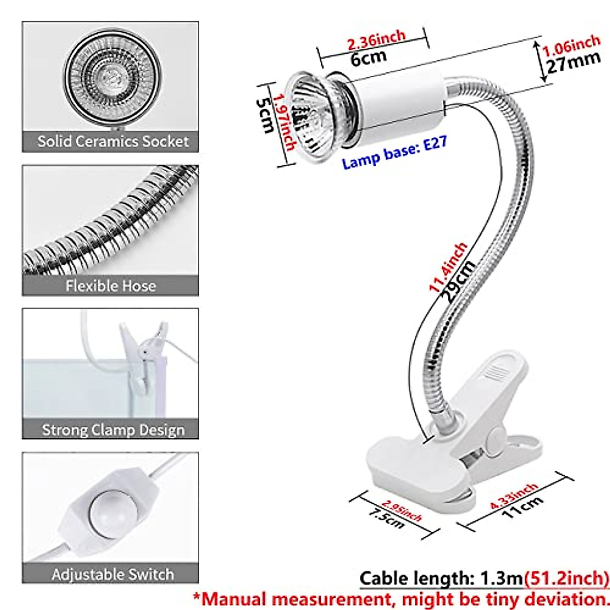 XJhoma Rotatable Mounting Clip E27 Base Habitat Heat Lamp with Adjustable Switch & 220V Reptiles UVA/UVB3.0 Sun Heat Lamp Bulb [50W Lamp Bulb, 220V, US Standard Plug]