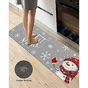 Jolunifun Christmas Snowman Bath Mat for Tub,Non Slip Bathroom Floor Runner Rug Quick Dry &amp; Absorbent Diatomaceous Earth Shower Sink Bedroom Kitchen Washable Doormat,Winter Red Snowflake Grey 20&quot;x47&quot;