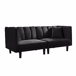 LCH Futon Bed Convertible Velvet, Modern Sleeper Sofa with 2 Pillows, 3 Adjustable Angles for Backrest, Living Room Couch with 7 Sturdy Metal Legs, Upholstered Loveseat for Home, Office, Black