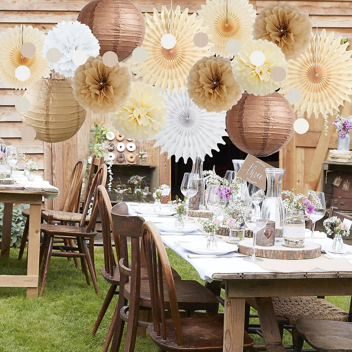 Neutral Party Decorations Boho Brown and Cream Party Decorations Tan Brown Paper Lanterns Fans Beige White Pom Poms with Circle Garland for Rustic Baby Shower Bridal Shower Birthday Wedding Engagement
