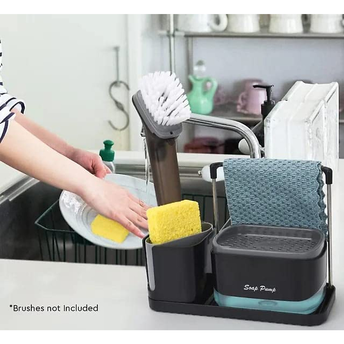 Dish Soap Dispenser for Kitchen with Sponge Holder, Dishcloth and Brush Holder, Countertop Caddy Organizer for Kitchen Sink Easy Fill with Funnel