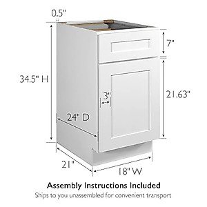 Design House Brookings Unassembled Shaker Base Kitchen Cabinet 18x34.5x24, White, 18