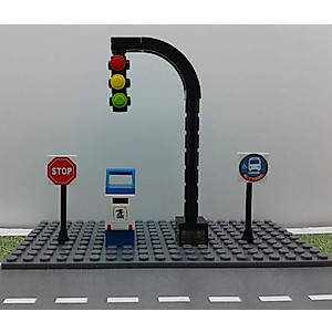 Building Bricks Toys City Town Village Street Main Road Arch Traffic Light, Stop Sign, Bus Stop, Post Box, Road Sign, 4 PCS Playset. for Kids 4+ Plastic