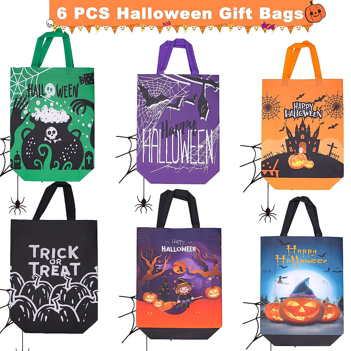 emzrivo 6PCS Halloween Trick or Treat Bags Halloween Large Gift Bag Halloween Tote Bags with Handles, Halloween Non-Woven Bags for Trick or Treat, Halloween Party Supplies, 15×11.8×3.9”