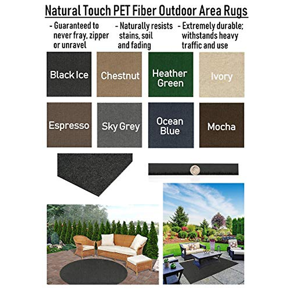 Indoor - Outdoor Area Rugs and Runners Constructed with Superior PET Fiber Made from 100% Purified Recycled Bottles. (9' x 12', Black Ice)