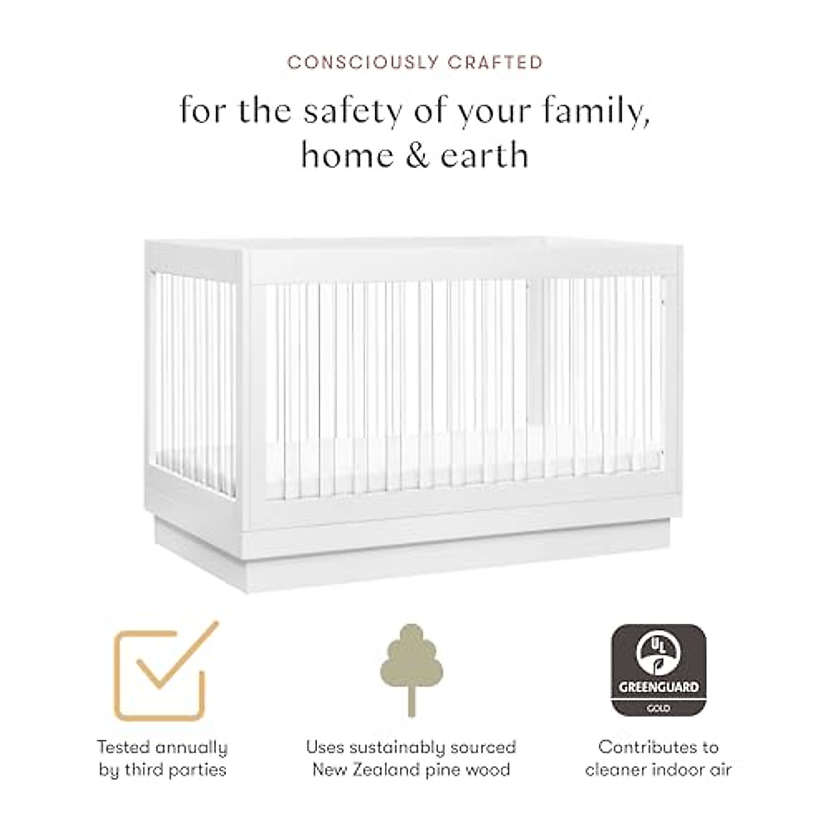 Babyletto Harlow Acrylic 3-in-1 Convertible Crib with Toddler Bed Conversion Kit in White with Acrylic Slats, Greenguard Gold Certified