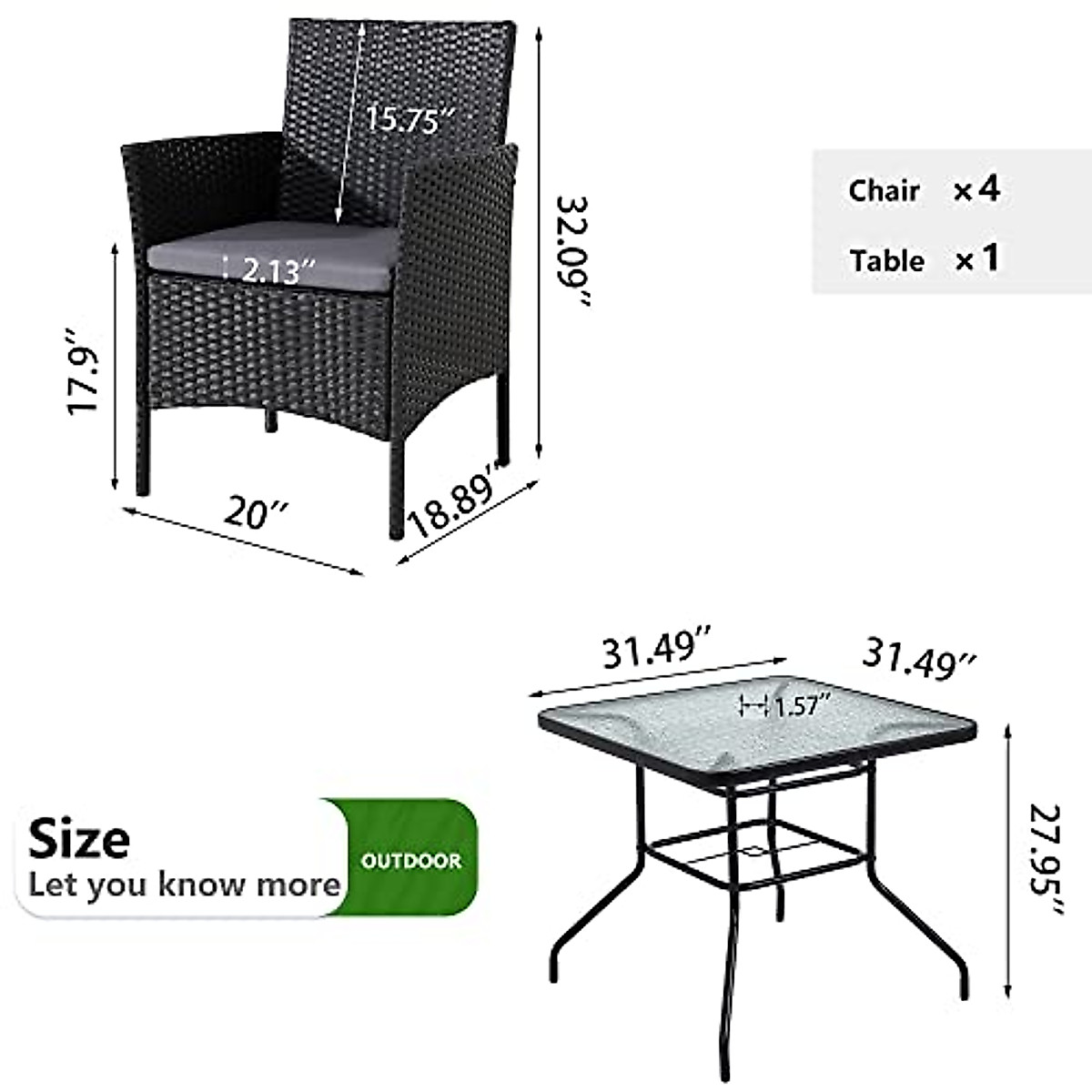 Shintenchi Outdoor Patio Furniture 5-Piece Indoor Outdoor Wicker Dining Set, Square Tempered Glass Top Table with Umbrella Hole and 4 Chair Set， Black