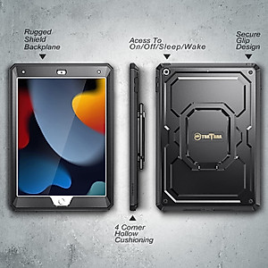 Fintie Case for iPad 9th / 8th / 7th Generation (2021/2020/2019) 10.2 Inch - [Tuatara Magic Ring] 360 Degree Rotating Grip Stand Shockproof Fully-Body Rugged Cover with Screen Protector, Black