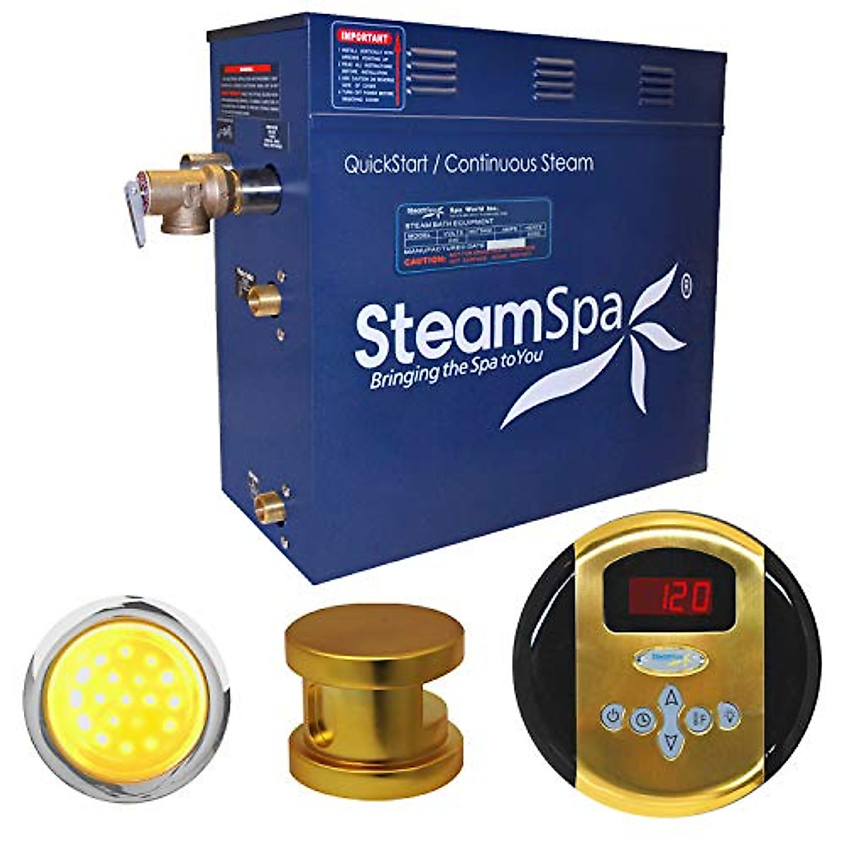 Steam Spa IN600GD Indulgence 6 KW Quick Start Acu-Steam Bath Generator Package, Polished Gold