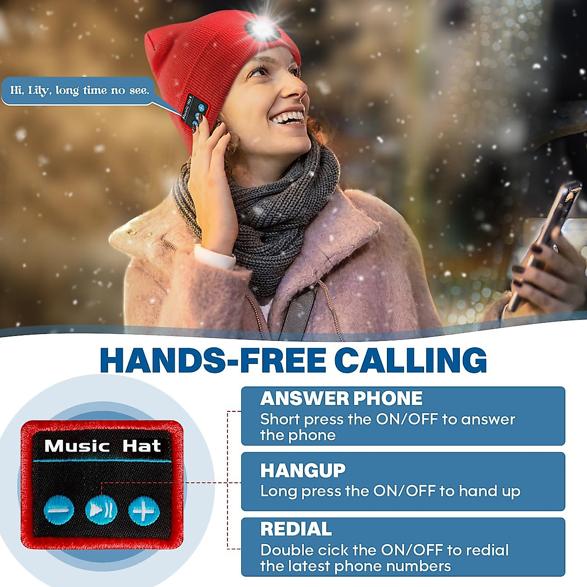 Bosttor Bluetooth Beanie Hat with Light, Headlamp Cap with Headphones and Built-in Speaker Mic, Gifts for Men Women Teen