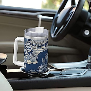 Xiexide 40oz Fits Cup Holder Gifts Ancient Blue And White Chinese Style Chinoiserie Folk Double Walled Vacuum Insulatedith Handle And Straw,Hot & Cold Drinks