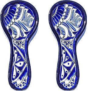 SPOON RESTS LARGE SET OF 2 TALAVERA MEXICAN CERAMIC BLUE & WHITE FOR STOVE TOP TABLE TOP