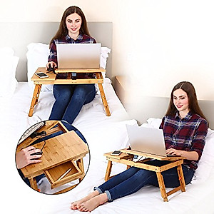 Laptop Desk Nnewvante Table Adjustable Bamboo Foldable Breakfast Serving Bed Tray w' Tilting Top Drawer