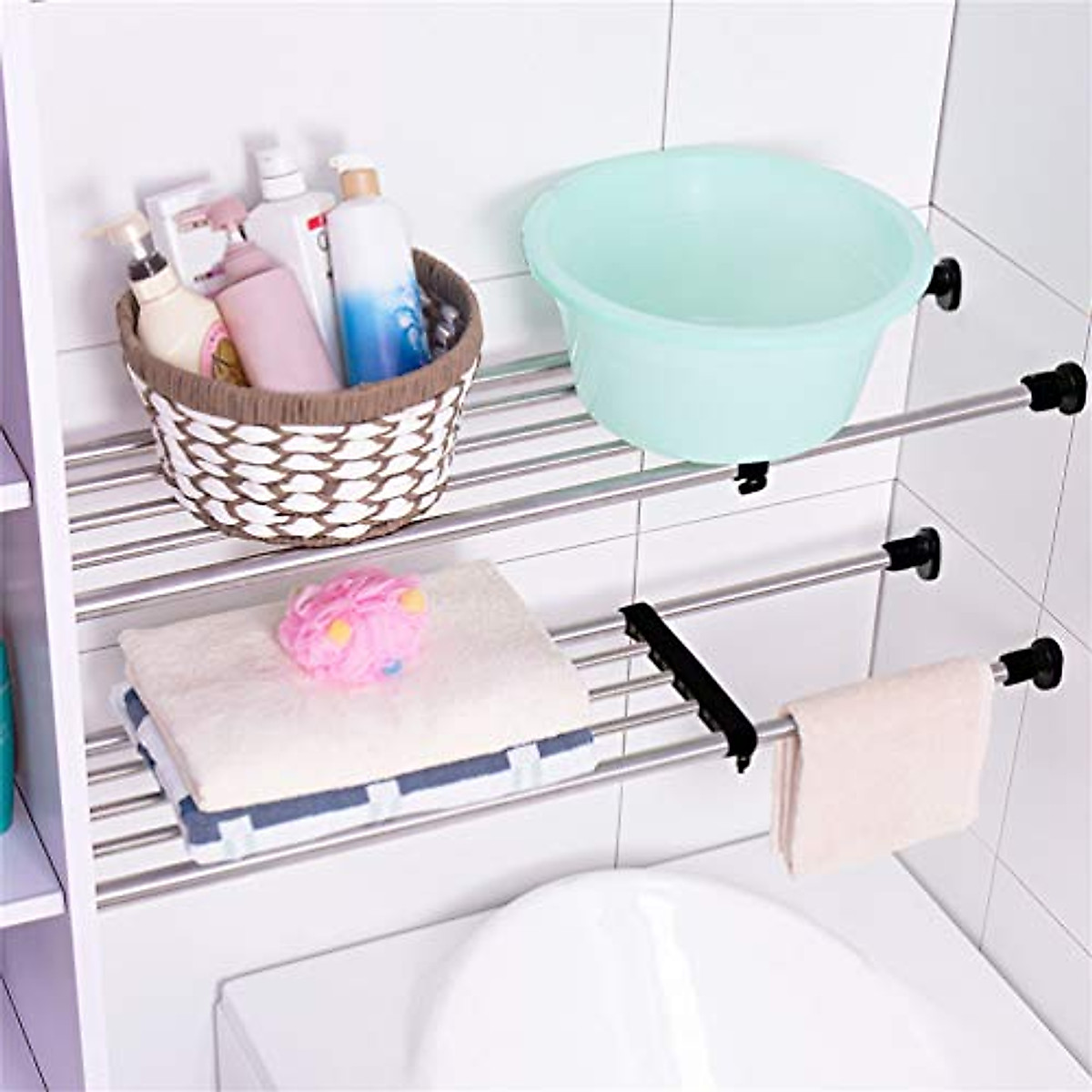 BAOYOUNI Expandable Shelf Closet Tension Rod Adjustable Shelving Unit Storage Rack Organizer Hanger Space Saving Divider for Wardrobe, Cupboard, Kitchen, Bathroom Use, Black