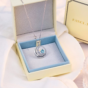 FANCIME Aquamarine Necklace March Birthstone Moon Star Pendant 925 Sterling Silver Blue Fine Jewelry Birthday Anniversary Christmas Gifts for Women Mom Daughter, Adjustable Chain 16+2"