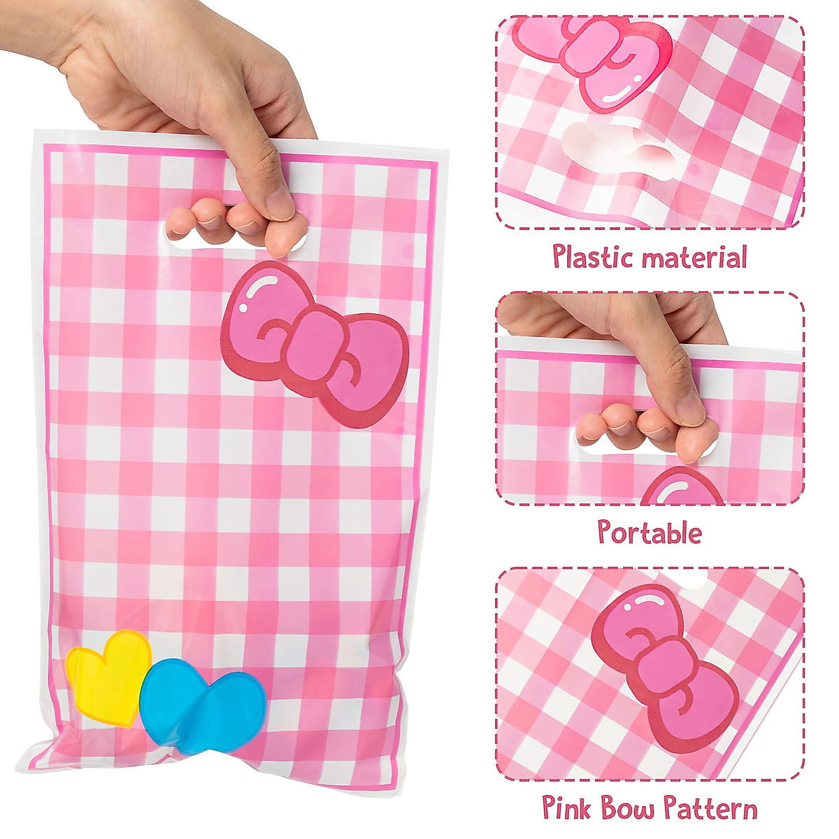 50Pcs Cute Cartoon Pink Cat Party Favor Bag Candy Treat Bags Print Bow Tie Flower Patterns with Handles Plastic Snack Gifts Bags for Boys Girls Kids Birthday Baby Shower Holiday Party Favor Supplies