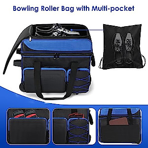 Double Roller Bowling Bag with Shoes Compartment, Large Capacity Bowling Ball Bag with Multi-Pockets for 2 Bowling Ball and Accessories, 2 Ball Bowling Bag with wheels & Retractable Handle (Blue)