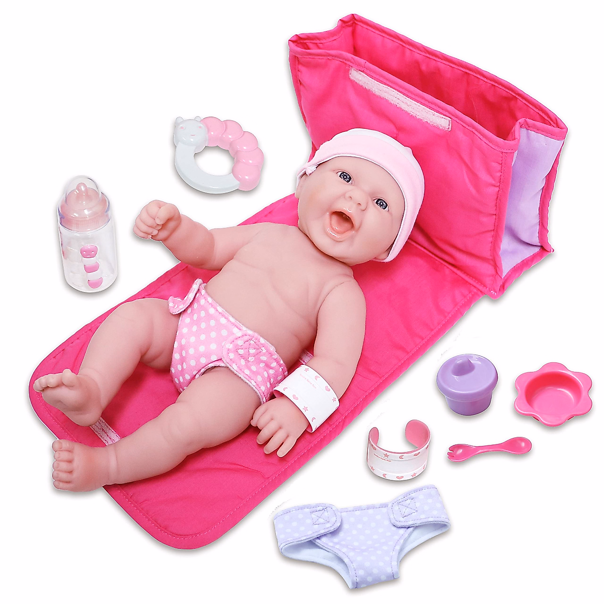 10 Piece Deluxe Diaper Bag Gift Set | Feat. 13" Realistic Smiling Baby Newborn Doll | La Newborn - JC Toys | All Vinyl | Washable | Ages 2+, Pink
