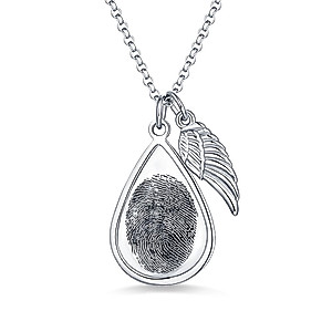 Custom Teardrop Fingerprint Necklace With Angel Wing Sterling Silver 925 Personalized Father Fingerprint Pendant Necklace Memorial Mother Day Anniversary Family Jewelry Gifts For Women Grandma