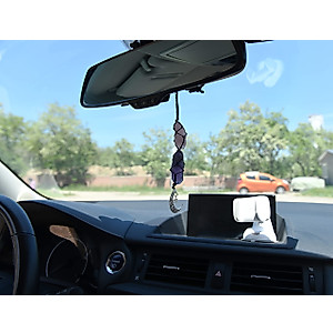 BOHO GARDEN Hanging Car Charm - Rose Quartz, Amethyst - Dangling Moon, Healing Crystal Accessories, Rearview Mirror Decorations - Love, Connection, Self-Worth, Balance, Intuition, Spirituality, Energy
