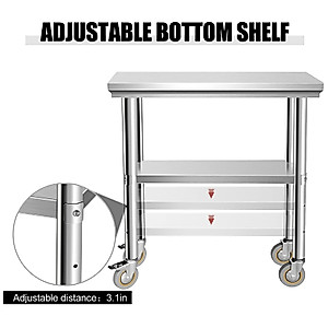 Hasopy Stainless Steel Table for Prep & Work 30 x 12 Inches with Caster Wheels, NSF Commercial Heavy Duty Table with Undershelf and Galvanized Legs for Garage Restaurant Home and Hotel
