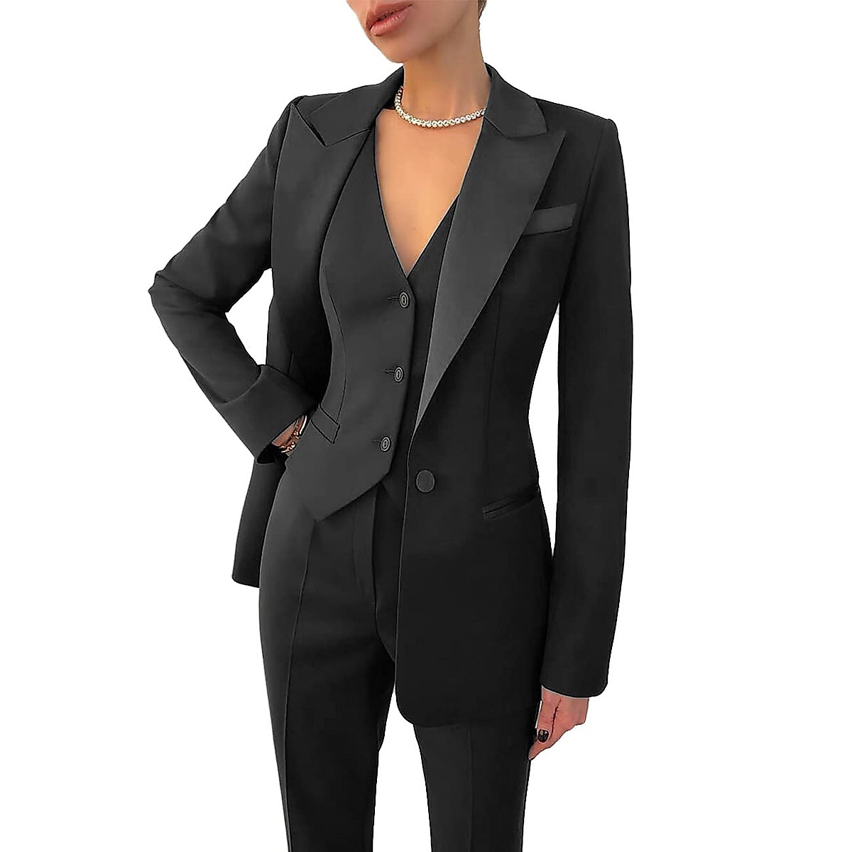 Business Women Suit Set 3 Pieces Notch Lapel Single Breasted Vest for Office Work Lady Suits (Blazer+Vest+Pants)(Black,12)