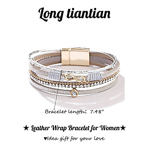 Long tiantian Leather Wrap Bracelet for Women Rhinestone Infinity Bracelet Modern Boho Cuff Bracelet Womens Leather Cuff Multi Strand Bracelets for Women s(grey)