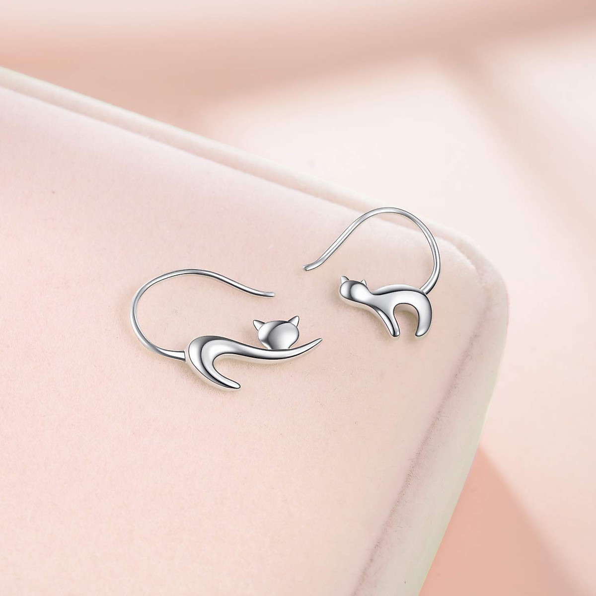 Cat Dangle Earrings 925 Sterling Silver Pull Through Animal Cat Hoop Earrings for Women Grils Christmas Gifts