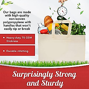 Simply Cool 50 Pack Reusable Eco-Friendly Grocery Shopping Bags 12.6"x6.3"x11.8" Durable, Recyclable,Washable, Foldable, Portable Tote Bags Bulk (50 Pack Reusable Bags, Cream)