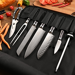 NANFANG BROTHERS Knife Set with Bag, 8 Pieces Damascus Steel Chef Knives with Portable Knife Roll Storage Bag, Blade Guards, Carving Fork, Sharpener and Kitchen Shears for Outdoor Camping BBQ Travel