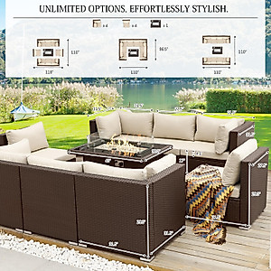 BULEXYARD High Back Brown PE Rattan Outdoor Patio Furniture Set with Propane Fire Pit Table, Large Wicker Outside Sectional Furniture Sofa Conversation Sets for Backyard(Beige, 9Pcs-B)