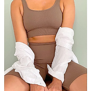 Beaufident Ribbed Workout Set for Women Active 2 Pieces Seamless Yoga Shorts with Support Paded Sports Top Moss Brown