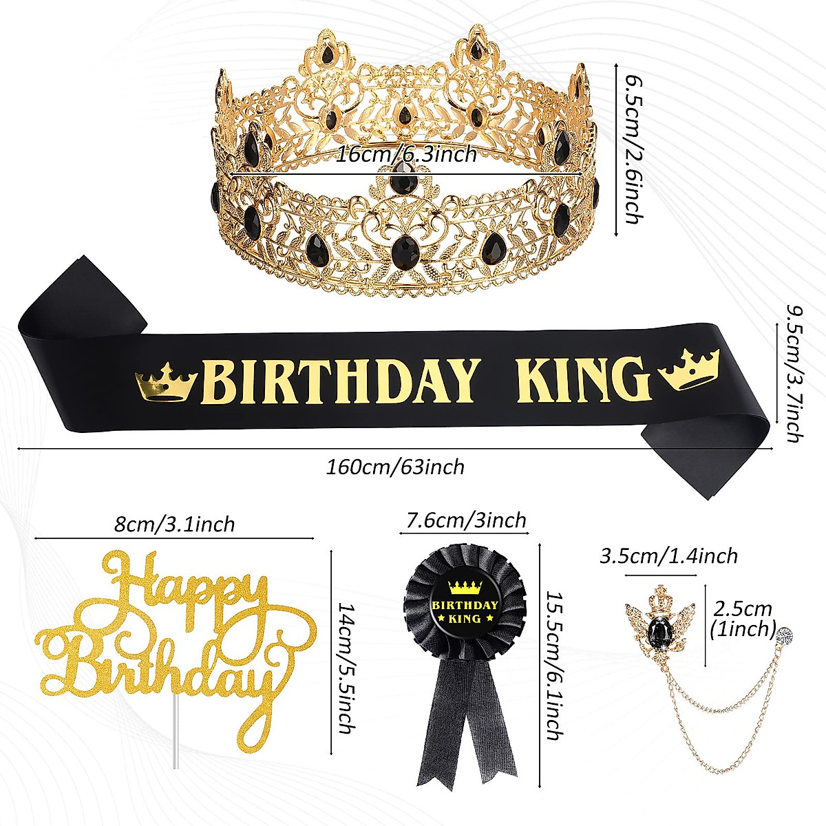 Junkin 5 Pieces Birthday Accessories Include Man Birthday King Crown Birthday King Sash Tinplate Badge Pin Crown Brooch Hanging Chain Men Birthday Crown for Man Birthday Party (Vibrant Style)