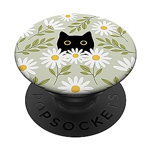 Cute Daisy Flower Floral Aesthetic Black Cat Sage Green PopSockets Swappable PopGrip